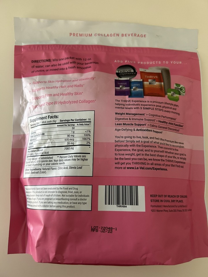 PINK PRO THRIVE+ Collagen Beverage Hair Skin Nails 16 Sealed Packs PINK ...