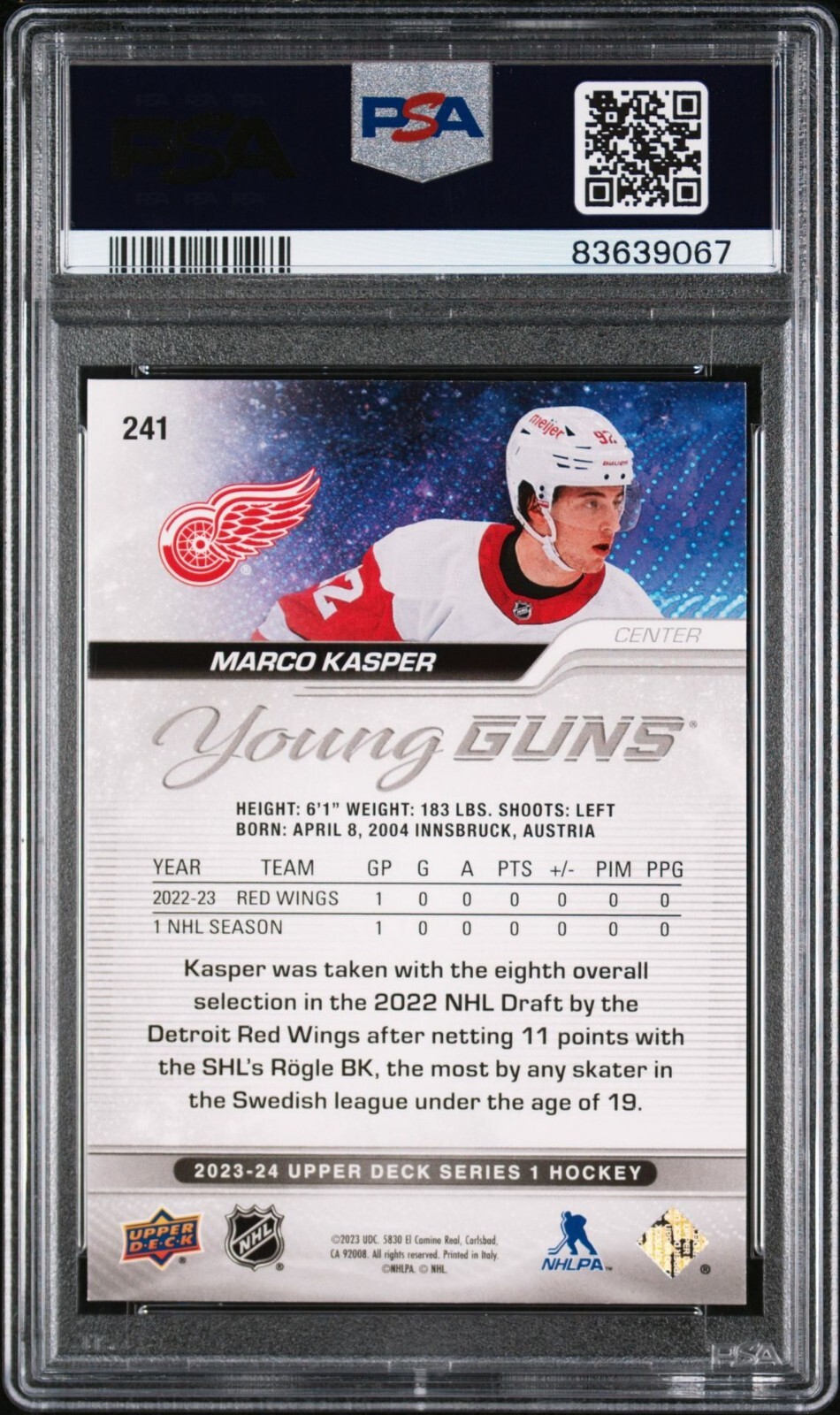 2023 Upper Deck Marco Kasper Young Guns Outburst Red /25 PSA 10 POP 3 ...