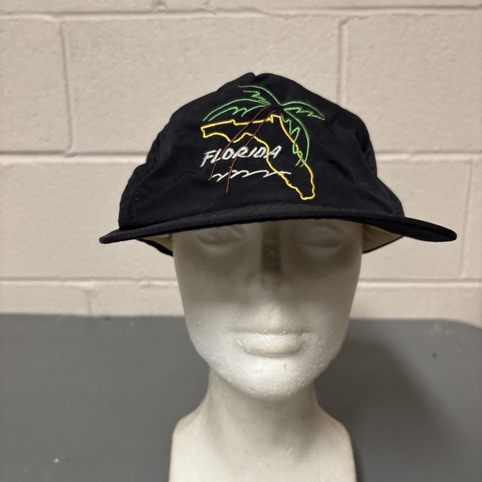 VINTAGE Florida Hat Cap Mens Snap Back Black Palm Tree USA Sunshine ...