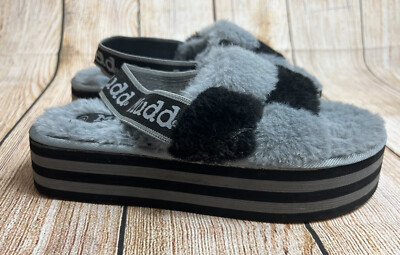 Women’s Mudd Stormy Open Toe Sandals Fuzzy Slip On With Strap Black ...