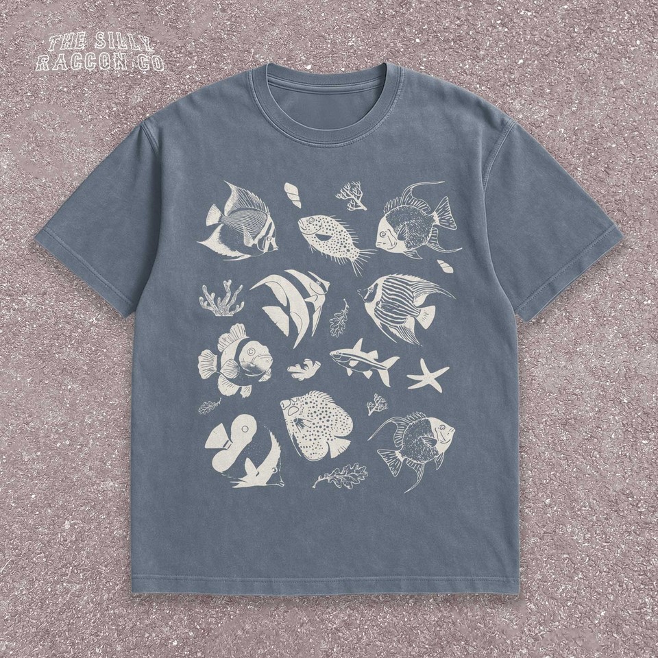 Vintage Fish Print T-Shirt Coastal Marine Life Graphic Tee Unisex ...