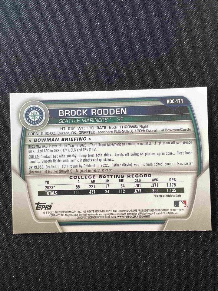 Brock Rodden 2023 Bowman Draft 1st Chrome RC Seattle Mariners #BDC-171 ...