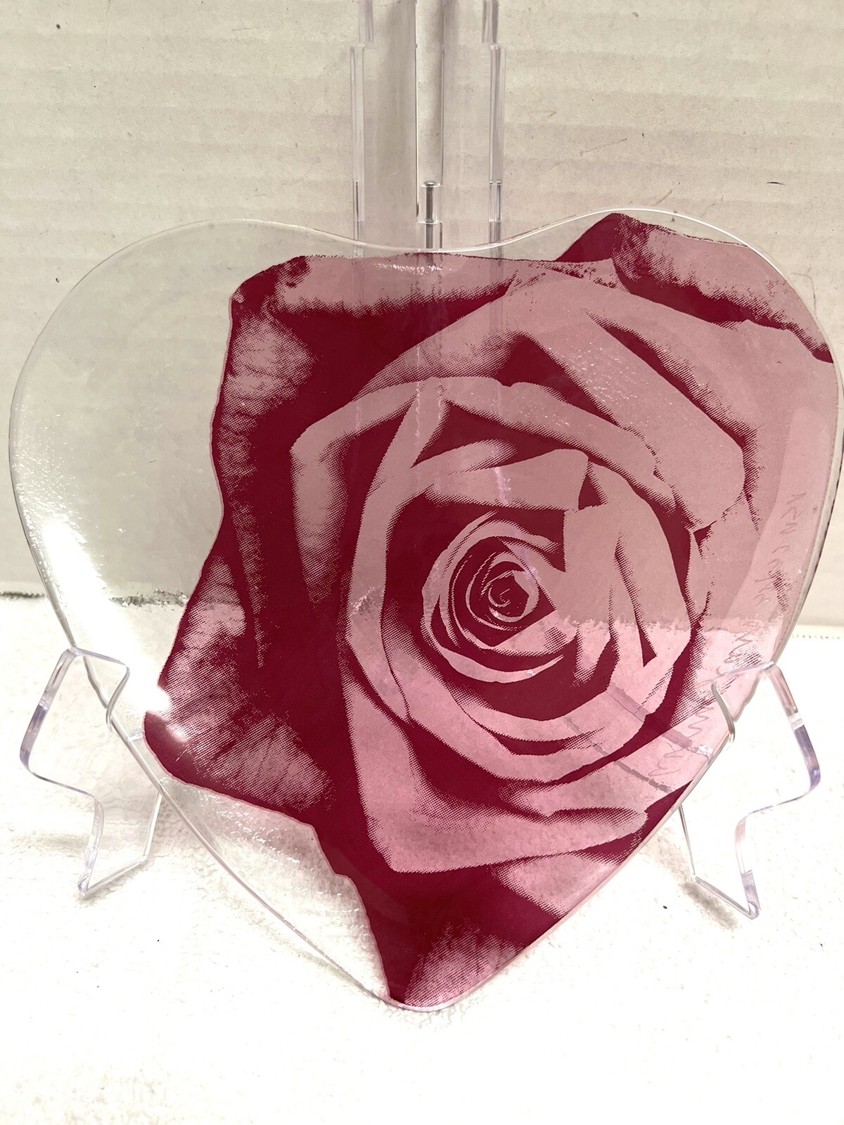Vintage Annie Glass Heart Rose Plate Red Pink Love Gift USA Signed 32/ ...