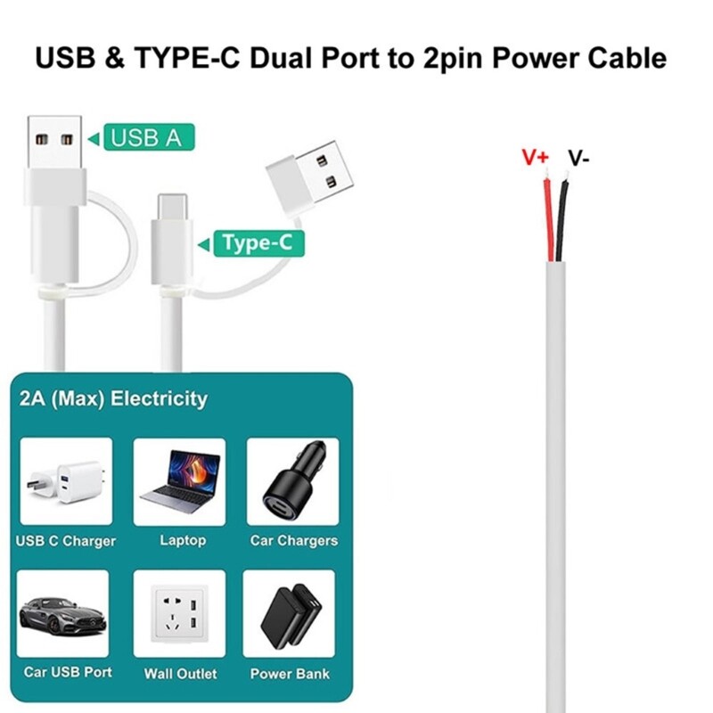 USB C Male Cable 5V 2A 2 Wires Power Pigtail Cable Cord DIY For Routers ...