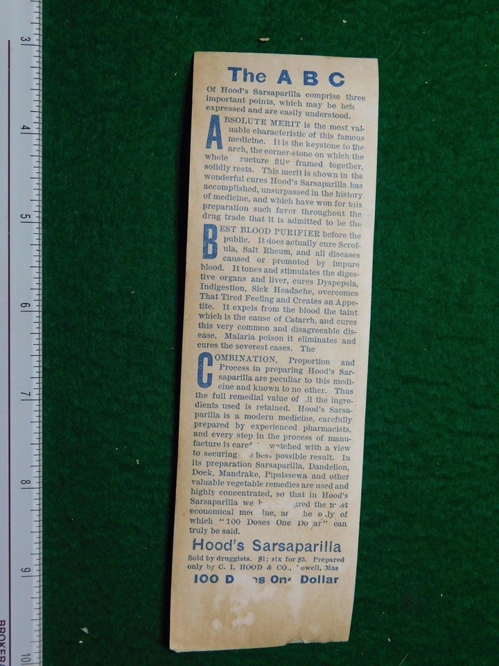 1870s-80s Hood's Sasparilla A B C Class Bookmark Kids Victorian Trade ...
