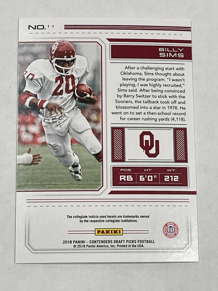 2018 Panini Contenders Draft Picks Football #11 - Billy Sims - Oklahoma ...
