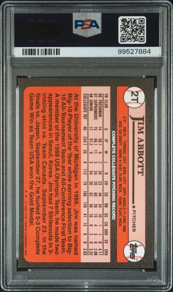1989 Topps Traded TIFFANY Jim Abbott SIGNED 2T RC Rookie Card PSA 8 10 ...