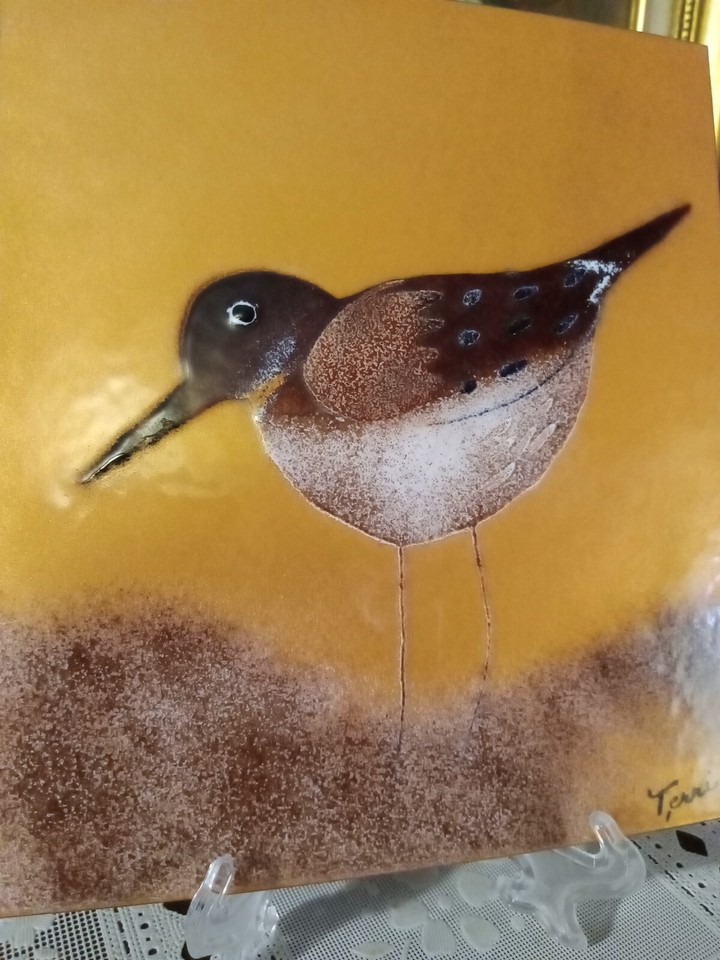 Vintage Terri Ouellette Enamel On Copper Panel Sandpiper Bird Art ...