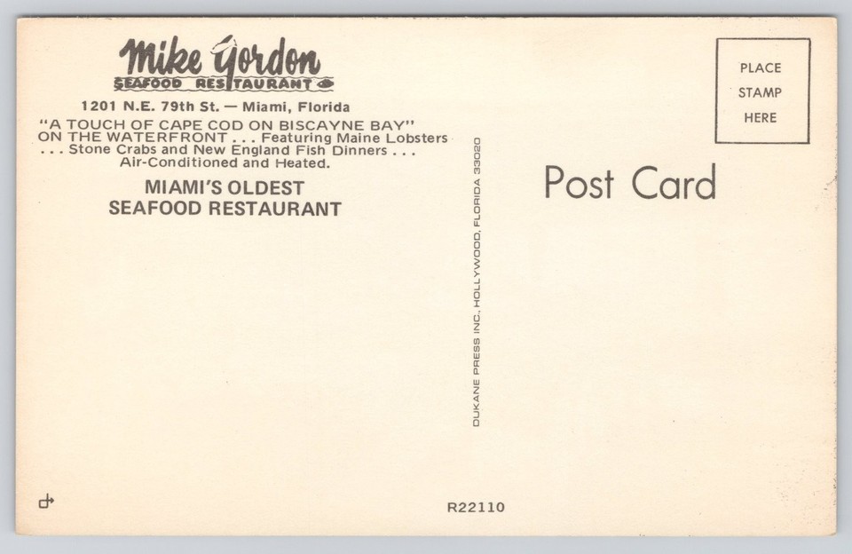 Vintage Mike Gordon Seafood Restaurant Miami Interior Postcard ...