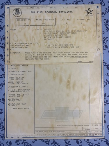 1978 CHEVROLET CORVETTE RED / RED 350 V8 VINTAGE WINDOW STICKER ...