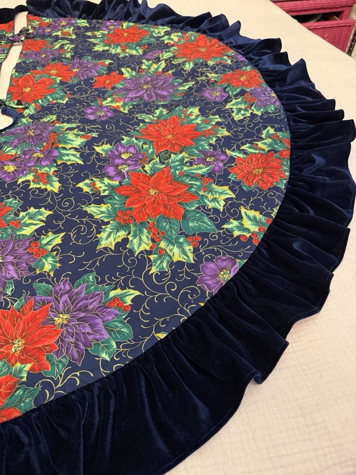 Vtg Prima Floral Velvet Ruffle Christmas Tree Skirt 49” Felt Bottom ...