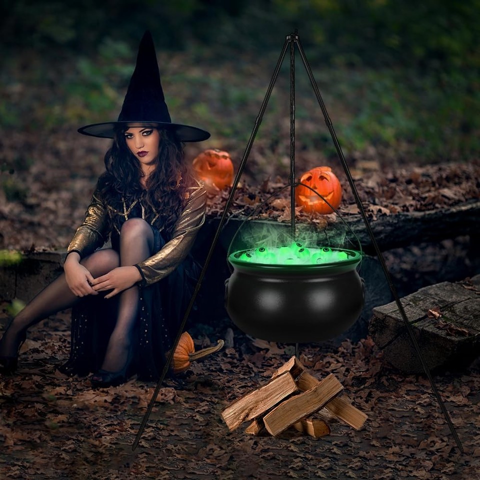 Large Black Witches Cauldron with String Lights - Halloween Outdoor ...