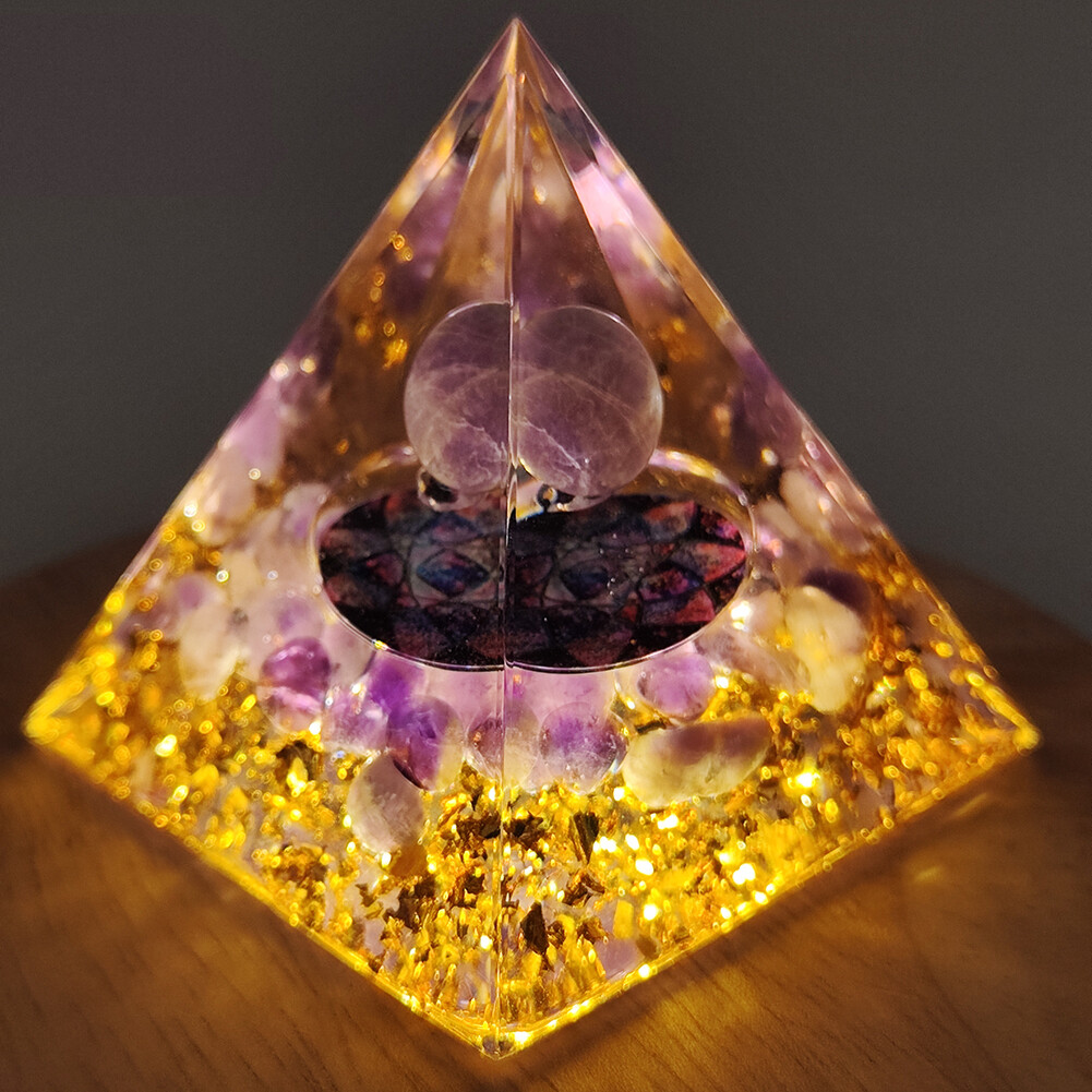 Natural Gold Pyramid Ball Crystal Energy Healing Reiki Chakra Ornaments ...