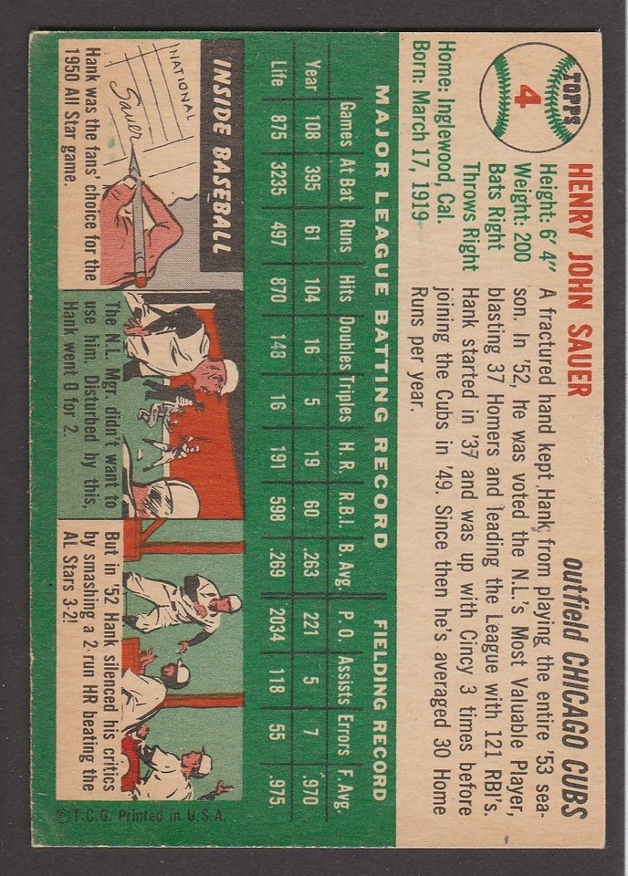 1954 TOPPS BASEBALL # 4 HANK SAUER INV J2702 | eBay