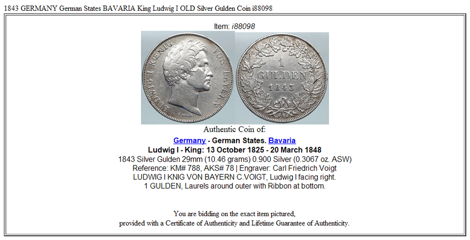 1843 GERMANY German States BAVARIA King Ludwig I OLD Silver Gulden Coin ...