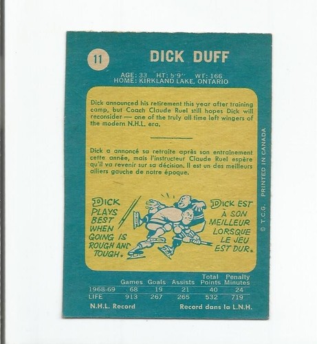 1969-70 DICK DUFF O-PEE-CHEE HOCKEY CARD #11 | eBay
