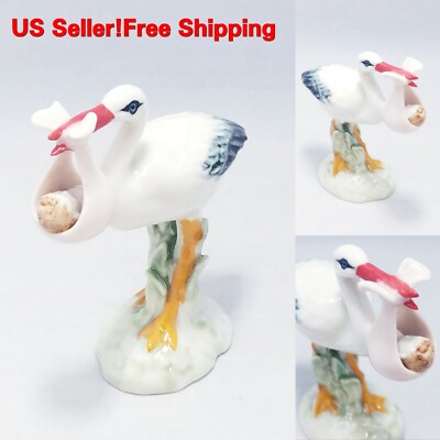 Stork & Baby Figurine Ceramic Miniature Collectible Baby Shower Nursery ...