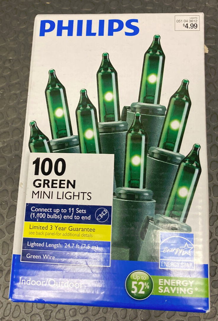 Philips 100 Green Mini Color Light Set Green Wire Indoor/Outdoor NIB | eBay