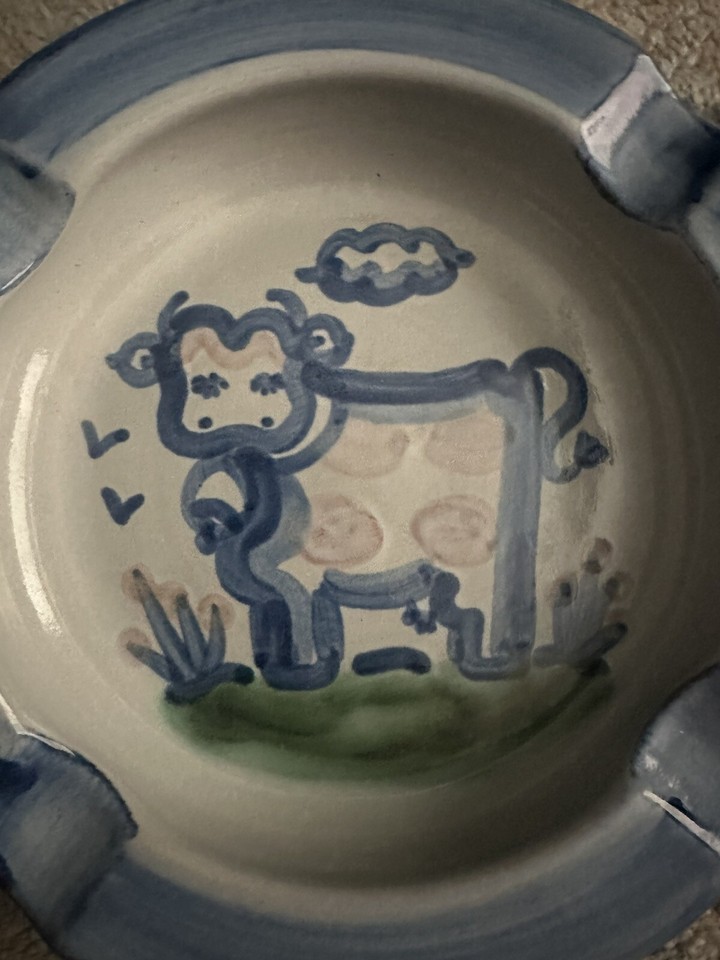 M.A. Hadley Pottery Cow Handpainted Cigar/Cigarette Ashtray Blue White ...