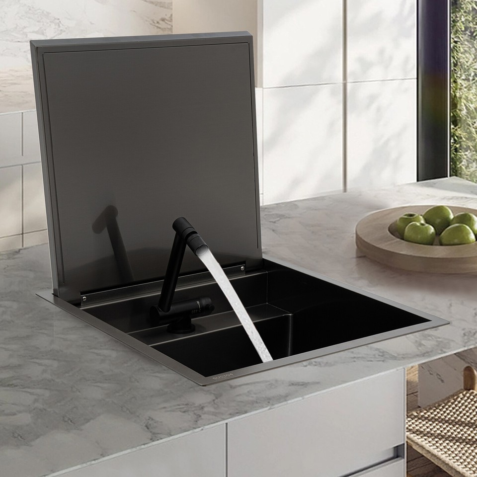 Hidden Kitchen Bar Sink Single Bowl w/Folding Faucet+ Drain+ Lid ...