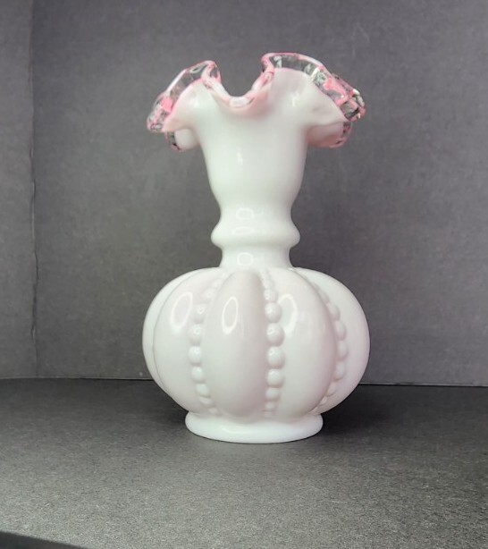 Fenton Art Glass Vase Melon Pink White beaded Ruffled Crest Rim | eBay