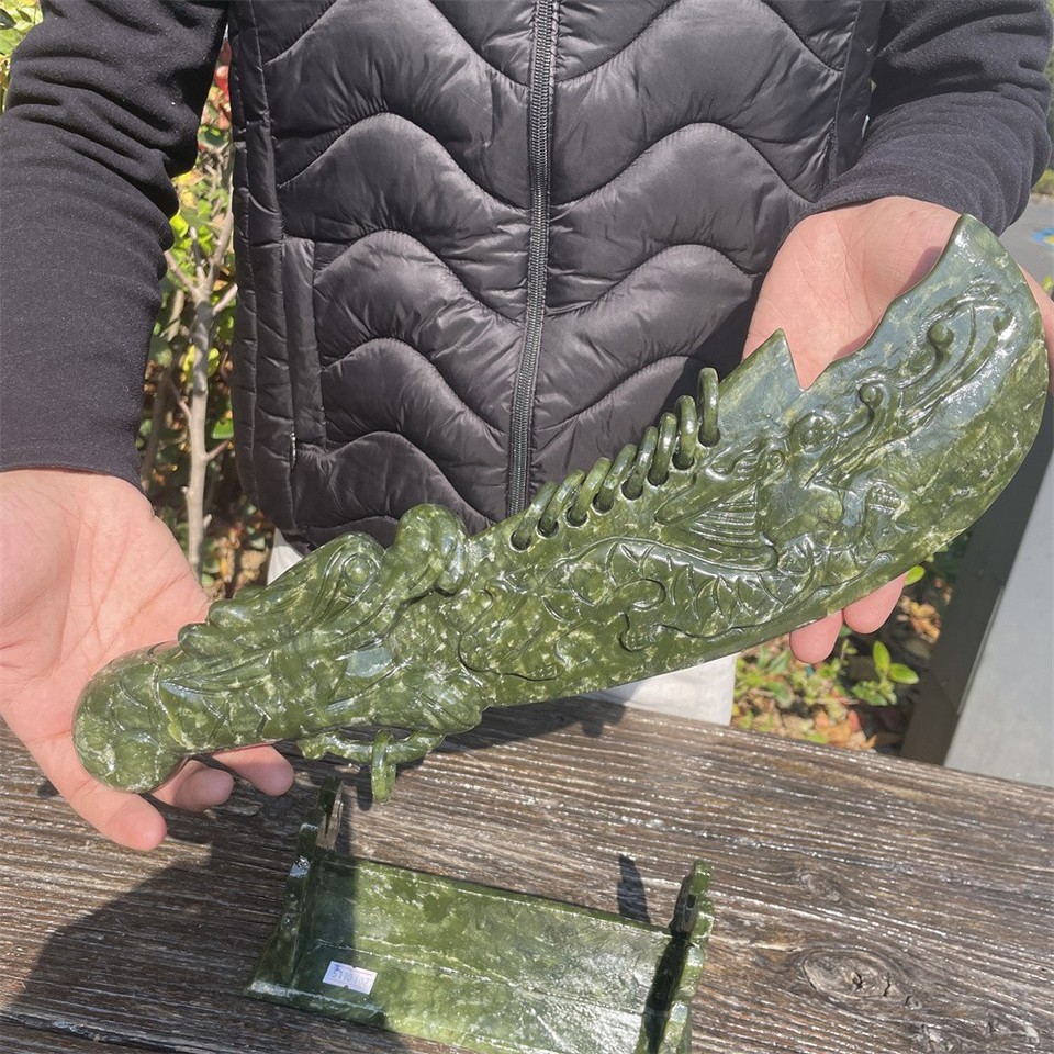 4LB 14.7"Natural Xiuyan Jade Green Dragon Crescent Blade Crystal Heal ...