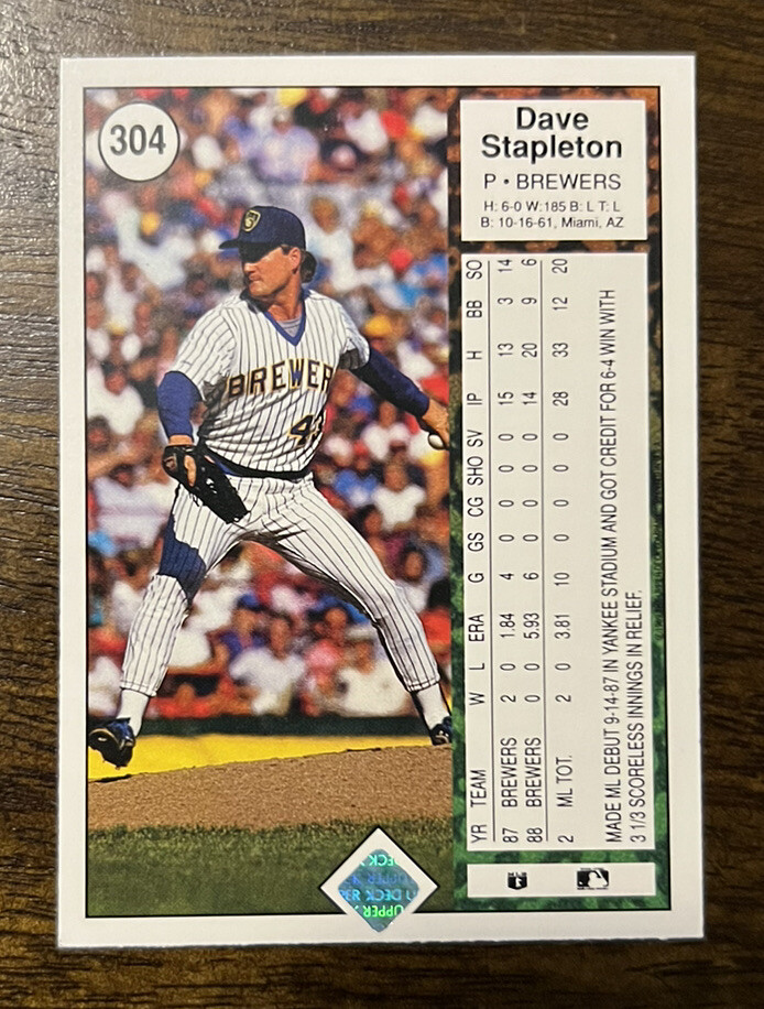 1989 Upper Deck Milwaukee Brewers Baseball Card #304 Dave Stapleton | eBay
