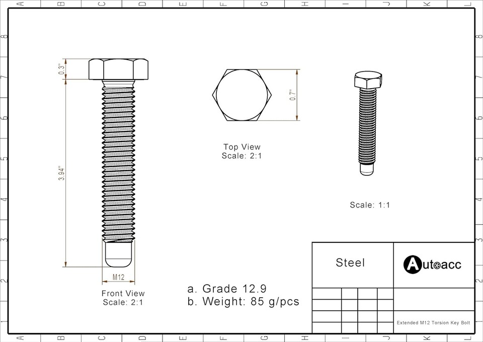 Extended Torsion Key Bolts, Longer Torsion Bar Adjustment Bolts ...