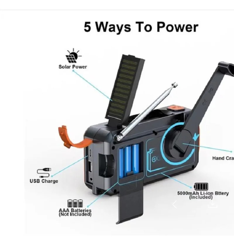 Portable DAB FM BT Dynamo Wind Up Solar USB Hand Crank Radio Torch ...