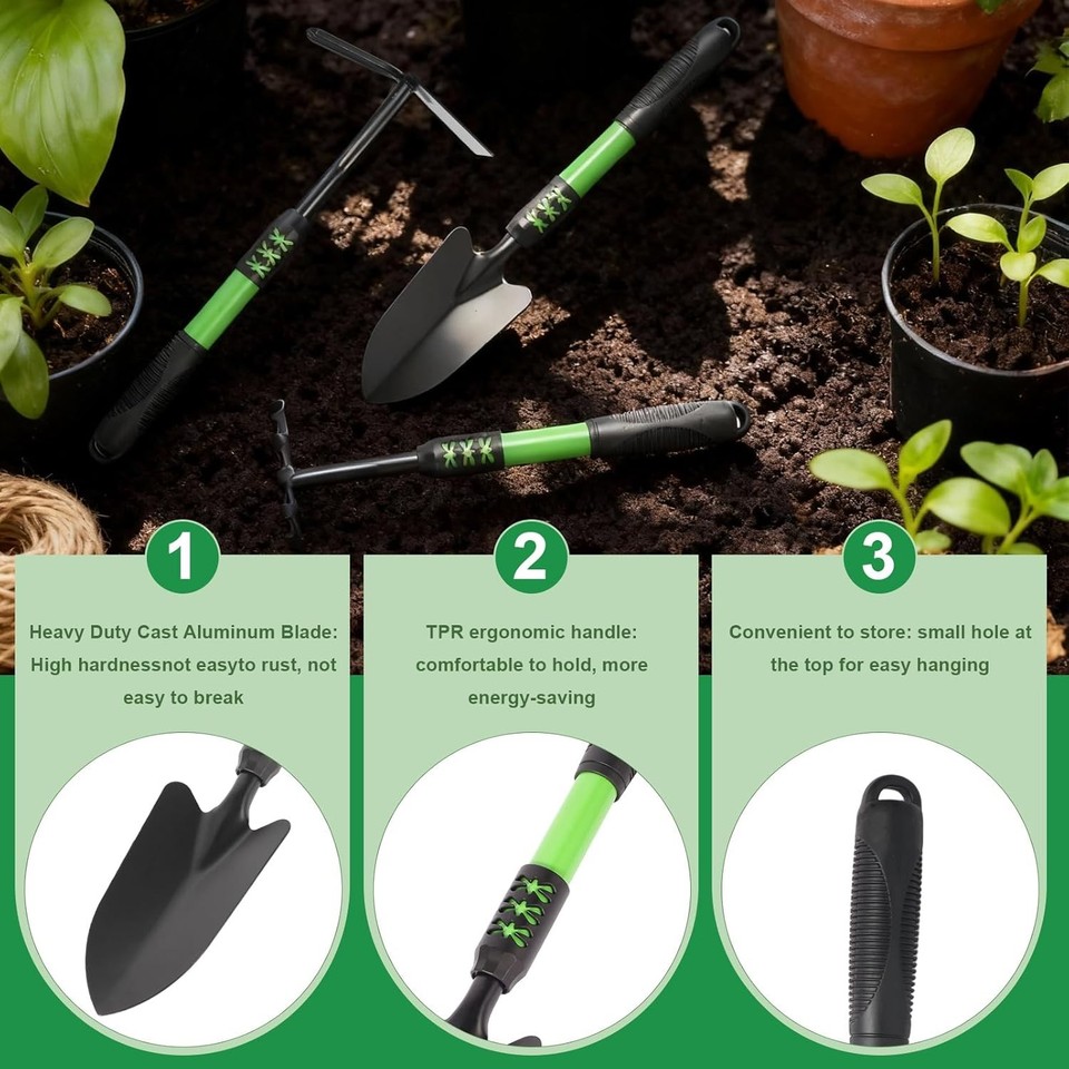 3Pc Garden Tool Set Hand Shovel Transplant Trowel Rake Non Slip Handle ...
