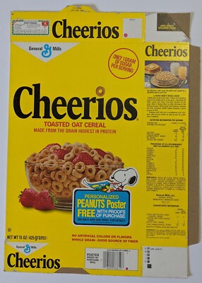 Cheerios Cereal Box Peanuts Snoopy Poster offer 1984 FLAT un-used un ...
