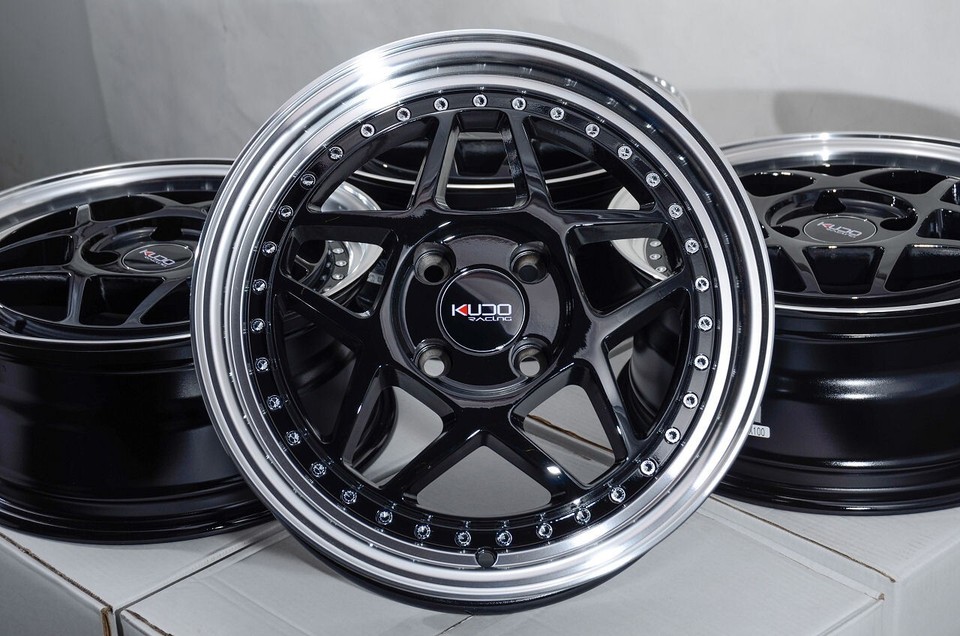 Kudo Racing Kyoto 15x6.5 4x100 Single Drill Black Polish Lip +38mm ...