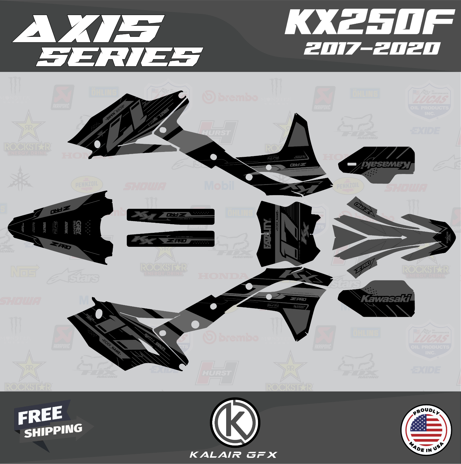 Graphics Kit for Kawasaki KX250F (2017-2020) KX 250F Axis Series ...