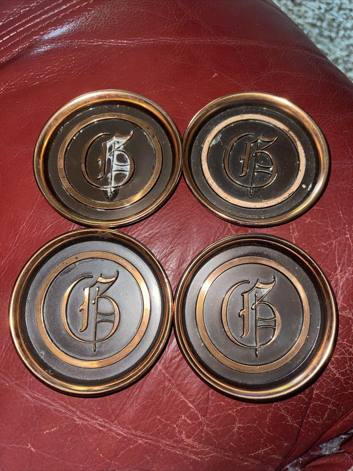 Set Of 4 LE Mason Co Boston Copper Finish Metal Stack Coasters Initials ...