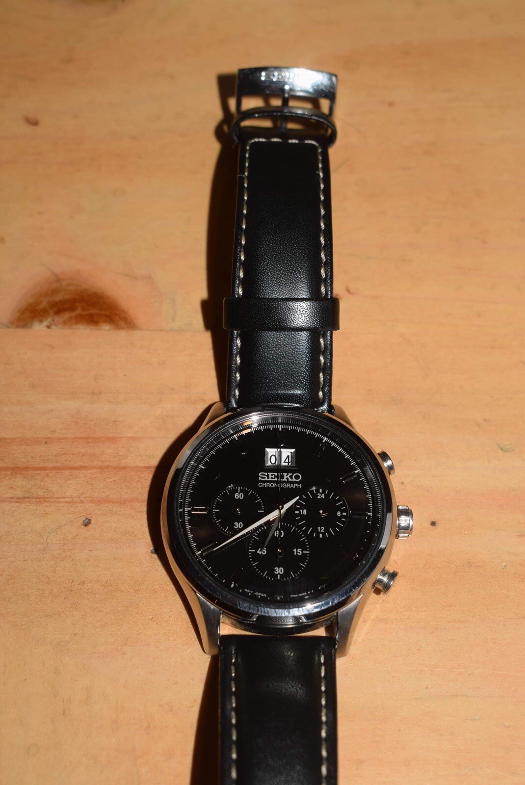 SEIKO BIG DATE 7T04-0AE0 BLACK DIAL CHRONOGRAPH QUARTZ MENS POLISHED ...
