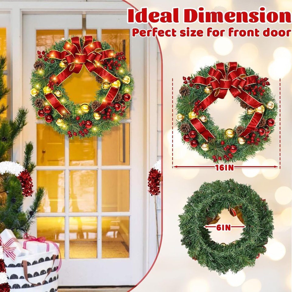 Christmas Wreaths for Front Door with Bow, 16" Christmas Door Wreath ...