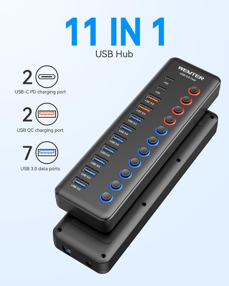 Powered USB 3.0 Hub, Wenter 48W 11-Port USB Hub Splitter 7 Faster Data ...