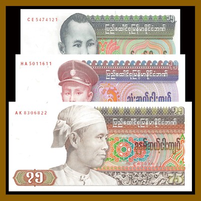 Burma 15 35 75 Kyats (3 Pcs Set), 1986 P-62/63/65 Unc | eBay