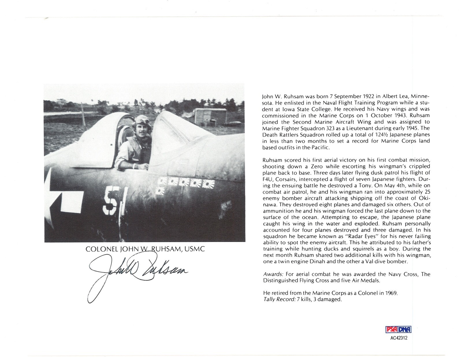 JOHN RUHSAM SIGNED 8X10 (D) PSA DNA AC42312 WWII ACE 7V | eBay