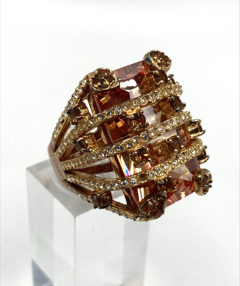 Sterling Silver Stamp 925 SETA Gold Tone Large Amber Glass Stone Ring ...