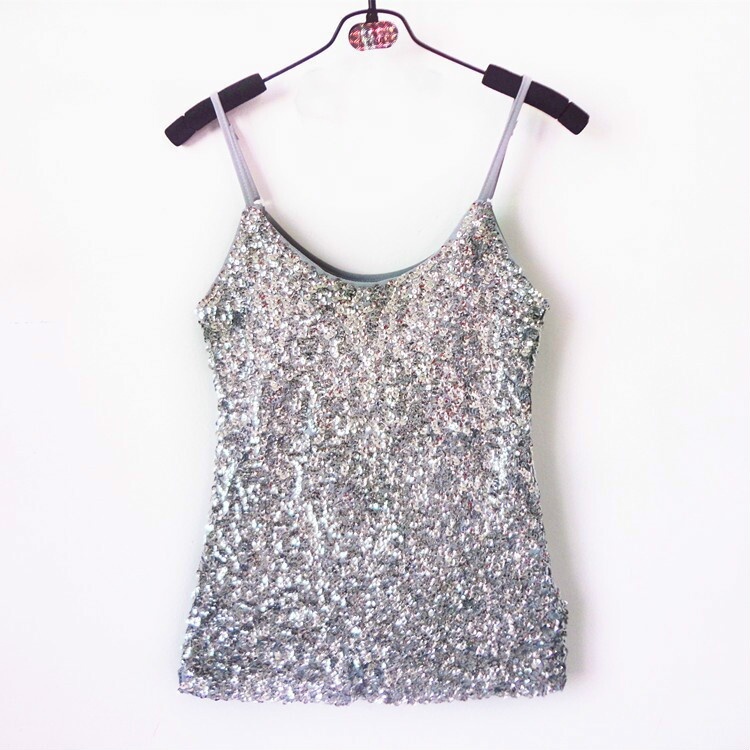 Women Sequin Vest Bling Spaghetti Strap Singlet Glitter Slim Camisole ...