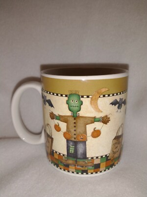 Sakura Halloween Stoneware 1998 Debbie Mumm Coffee Mug Scarecrow & Bats ...