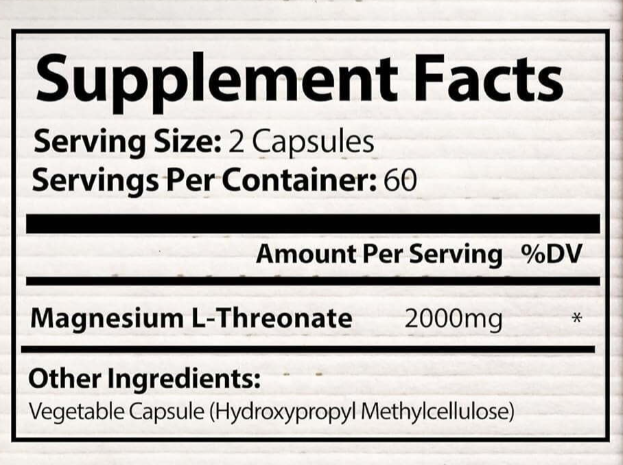 Neuro Magnesium L Threonate 120 Veggie Caps 2000 mg, Gluten Free, Non ...