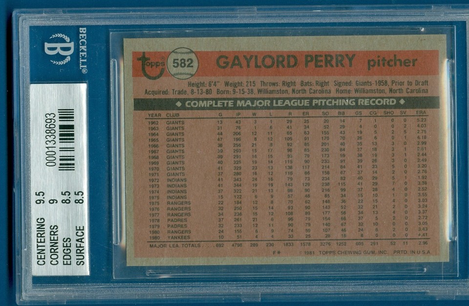 1981 Topps Baseball #582 Gaylord Perry Yankees BGS 8.5 (9.5 centering ...