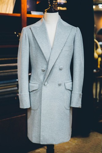 Light Blue Men's Long Overcoat Double Breasted Wide Lapel Leisure ...