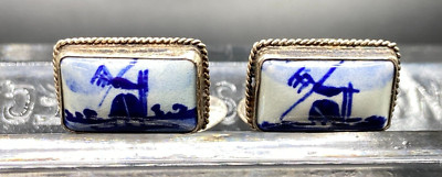 Vtg. Sterling silver cufflinks Denmark Delft hand painted cufflinks ...