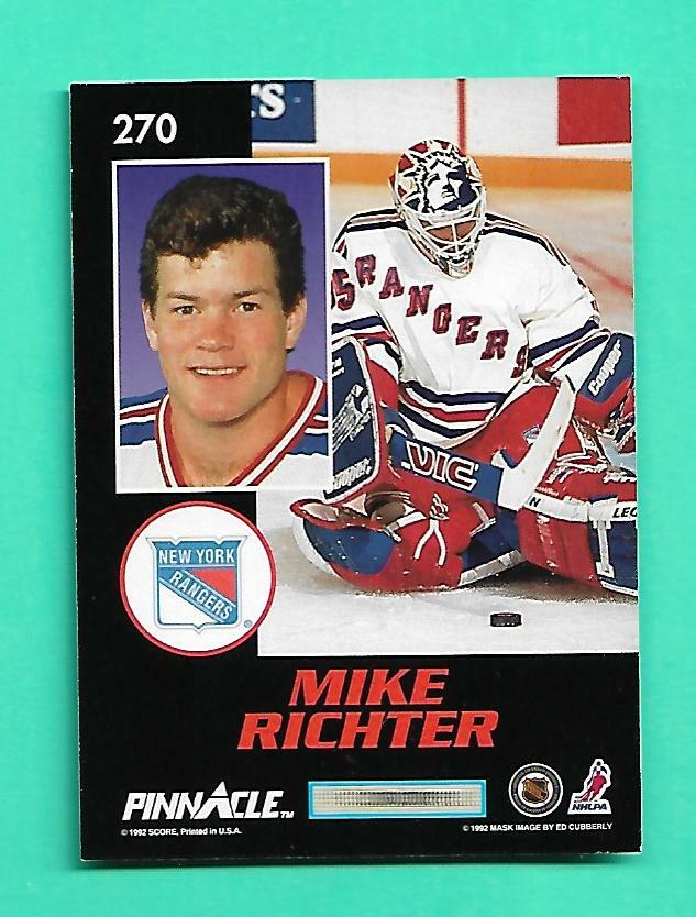 (1) MIKE RICHTER 1992-93 PINNACLE # 270 RANGERS MASKS GOALIE NM+ CARD ...