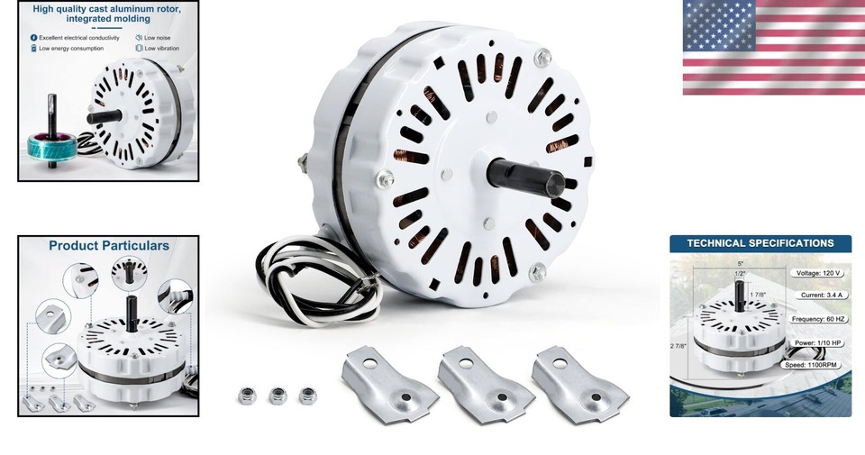 Replacement Attic Fan Motor Kit F0510B2497 - 1/10 HP, 1100 RPM, Durable ...