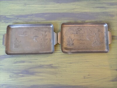 2 Vintage Hammered Aluminum MCM Cigarette Trays Flying Geese, Cattails ...