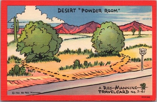 1941 Artist REG MANNING Linen Postcard "Desert Powder Room" TRAVEL CARD ...